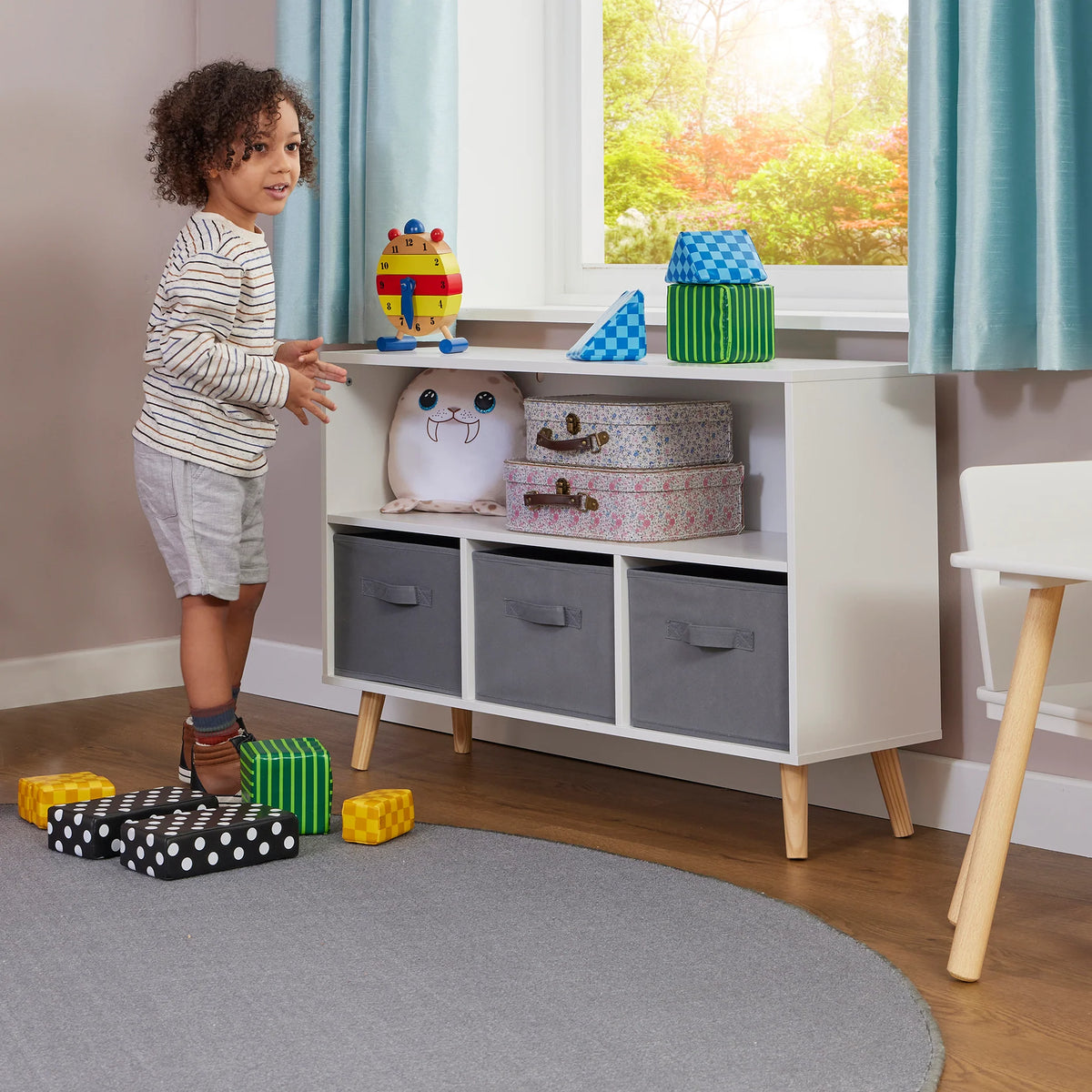 Kids Storage Shelf with Grey Fabric Storage Bins | Liberty House Toys ...